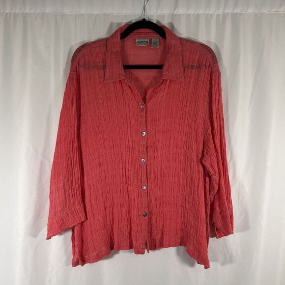 Chico's | Tops | Chicos 0 Linen Blouse Womens Xl Pink Semisheer Button ...
